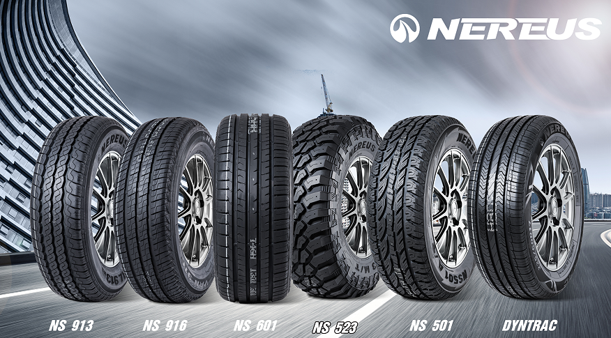 6 Nereus tyres lined up on a road